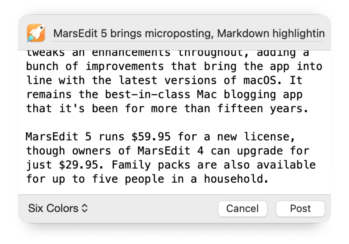 MarsEdit 5 brings microposting, Markdown highlighting – Six Colors